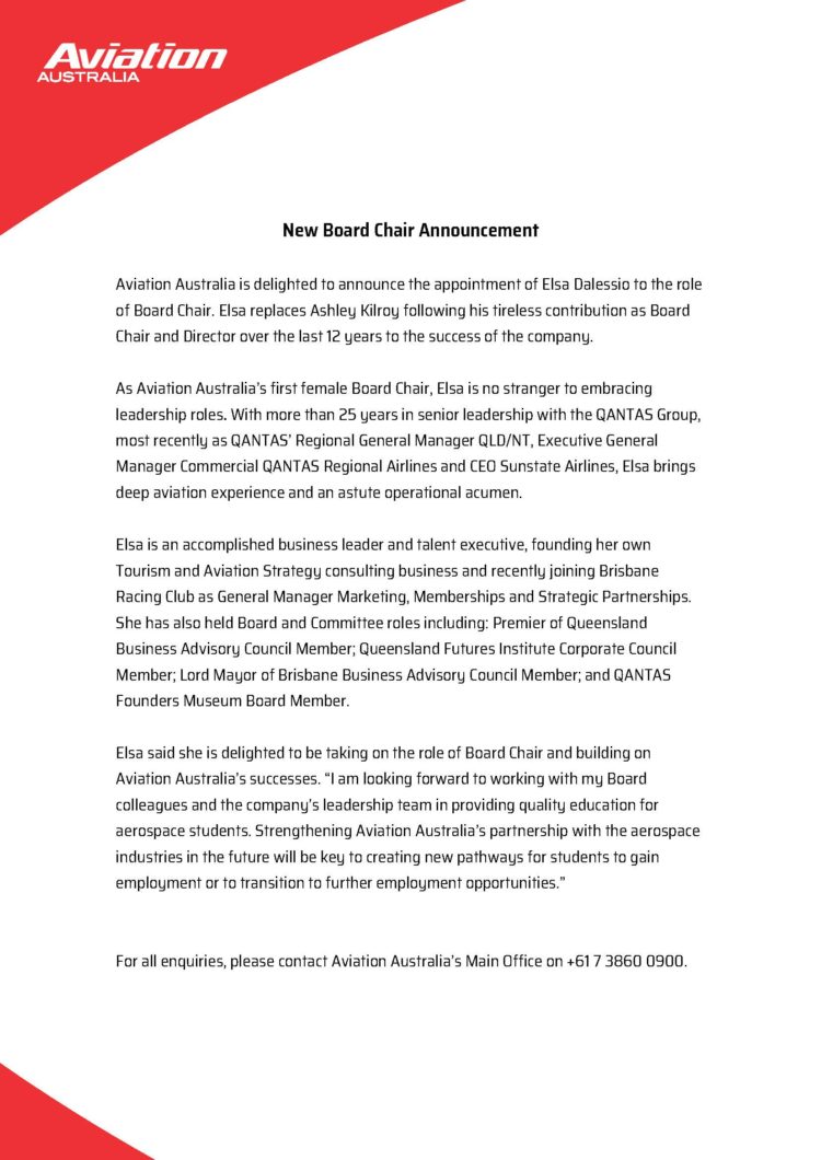 New Board Chair Announcement - Aviation Australia